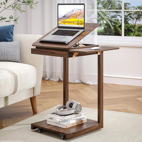 C Shaped End Table, Rolling Side Table with 4-Way Convertible Desktop ...