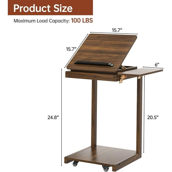 C Shaped End Table, Rolling Side Table with 4-Way Convertible Desktop ...