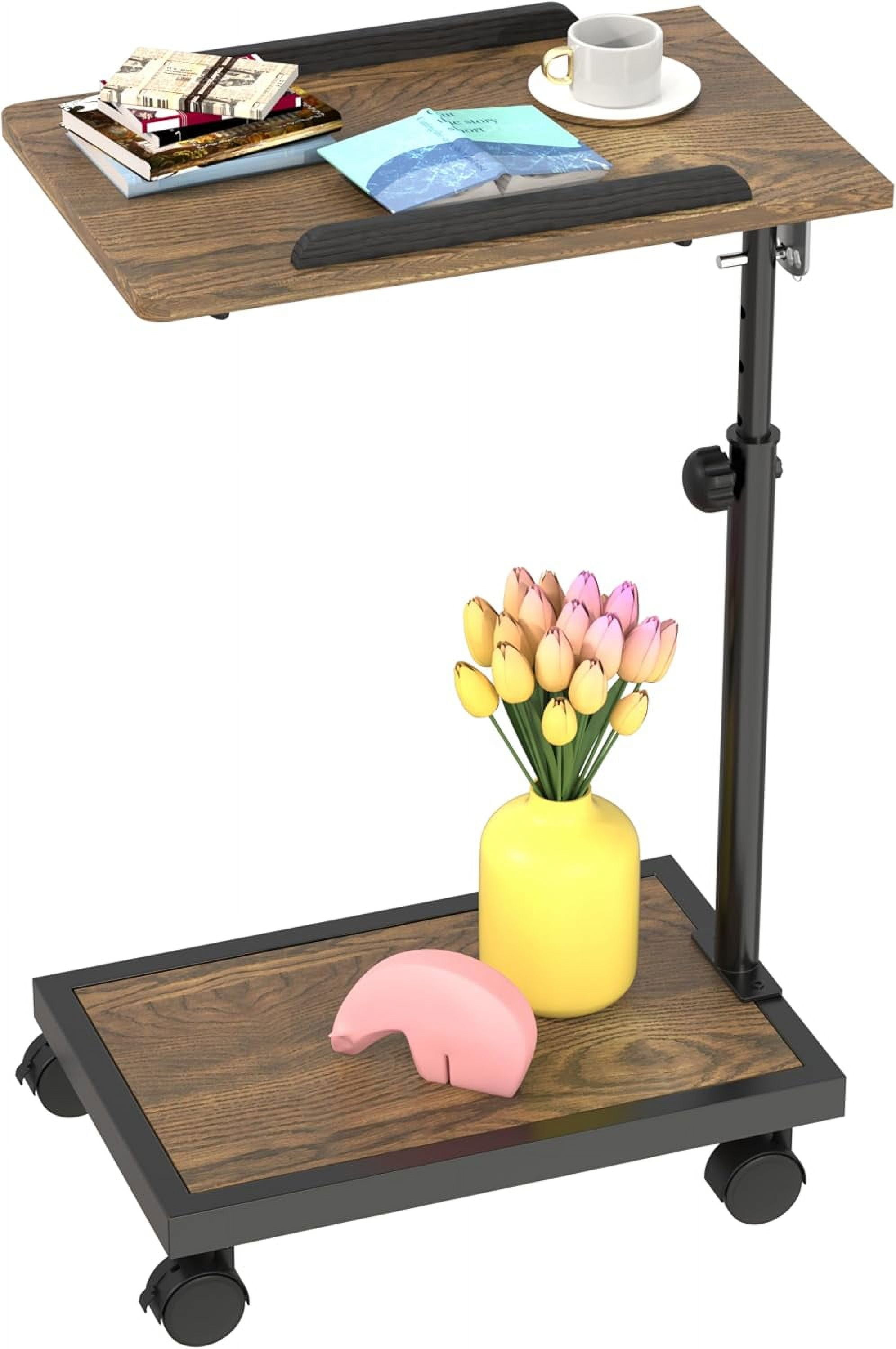 C Shaped End Table with Rolling Wheels, Height Adjustable Sofa Side Table for Small Spaces ...