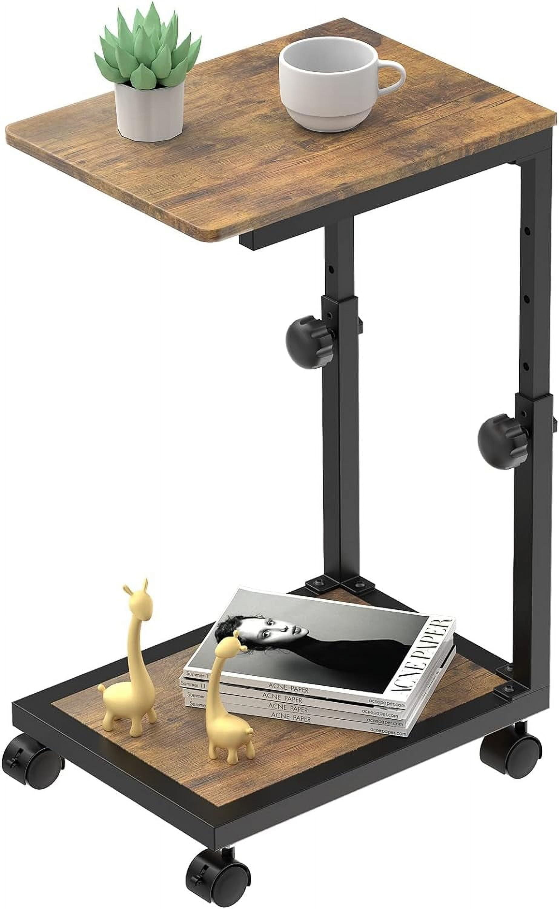 C Shaped End Table with Rolling Wheels, Height Adjustable Sofa Side Table for Small Space ...