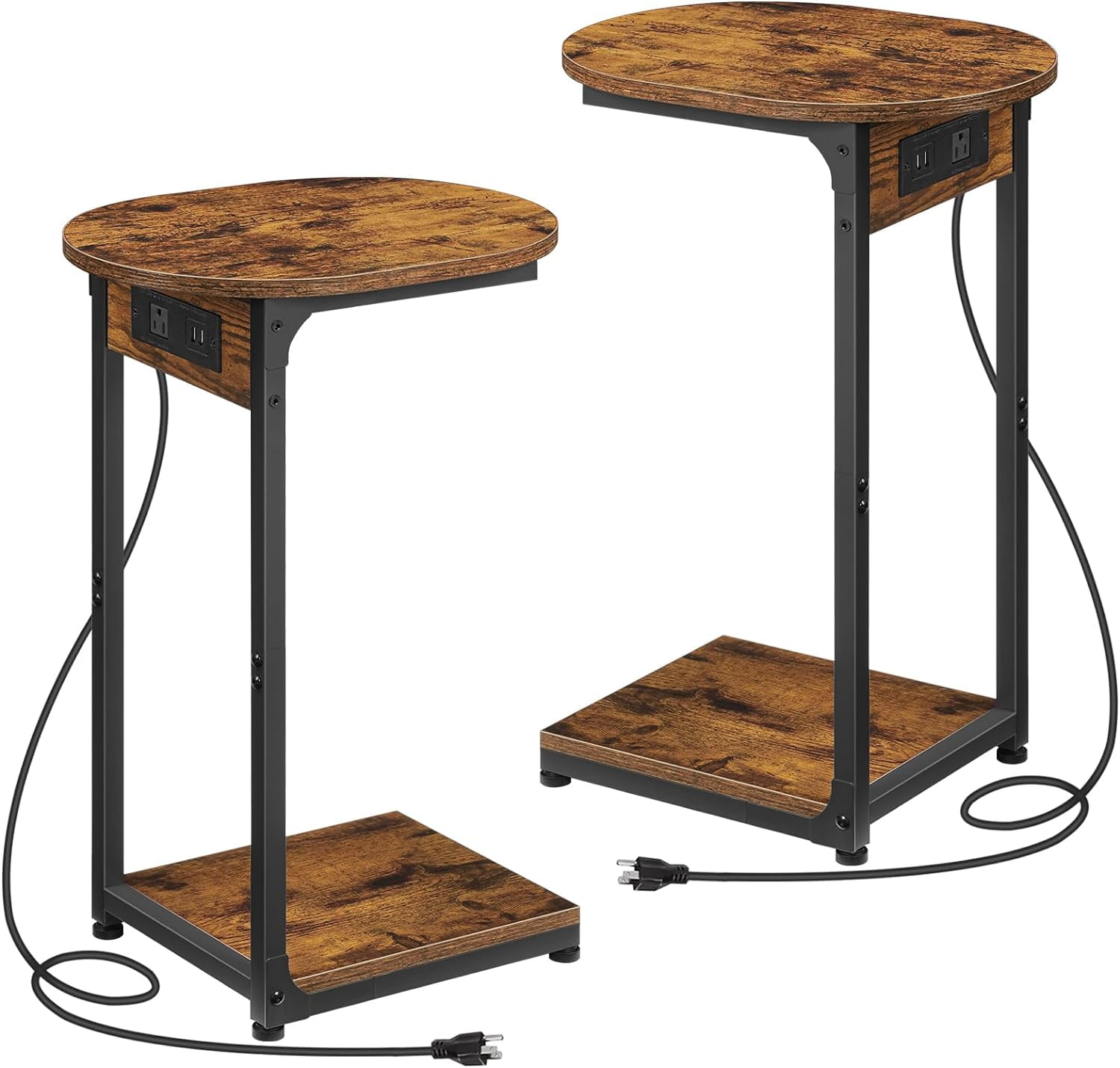 C Shaped End Table Set of 2 with Charging Station, Round Couch Side Table, TV Tray Slide Under ...