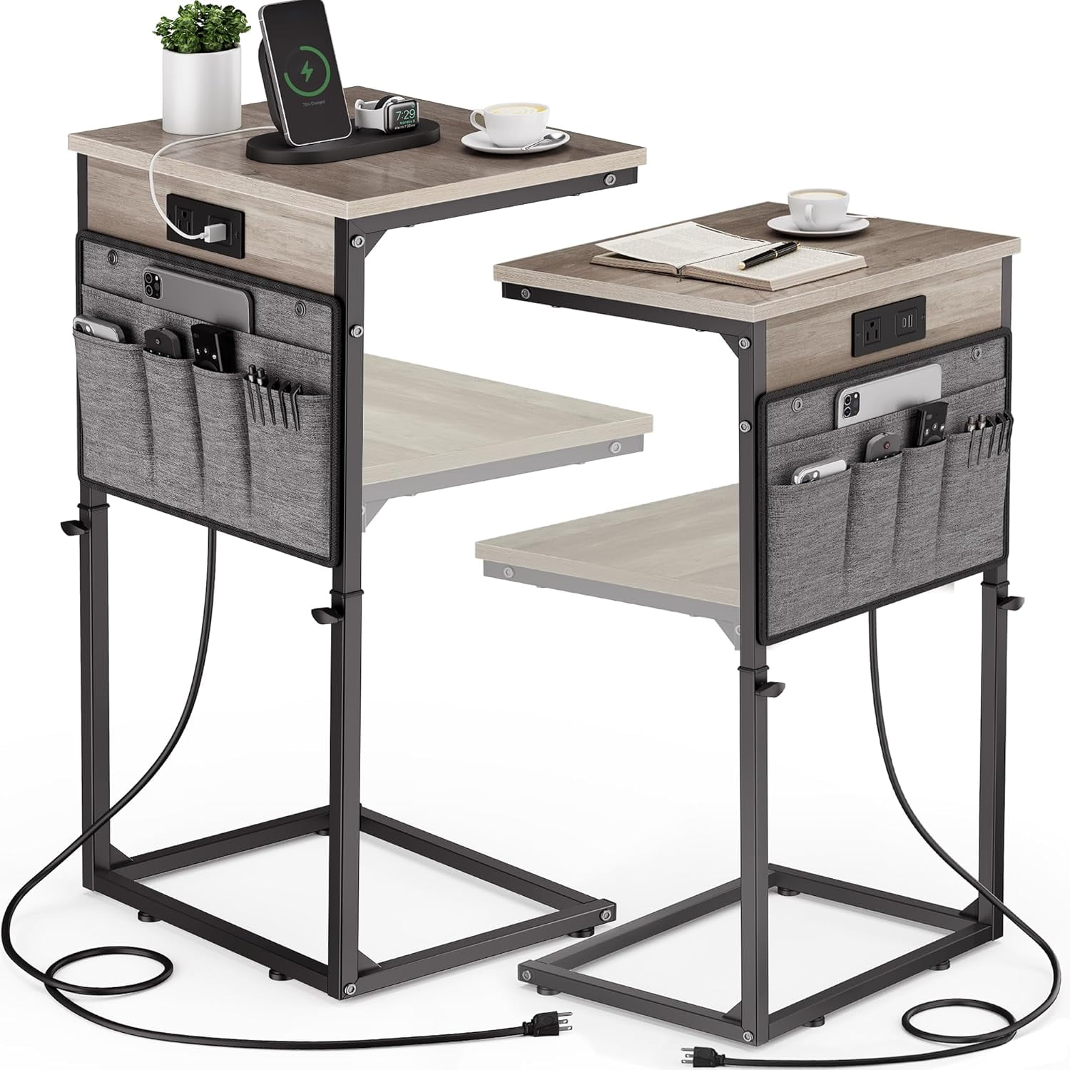 C-Shaped End Table Set of 2 with Charging Station, Small Side Table for ...