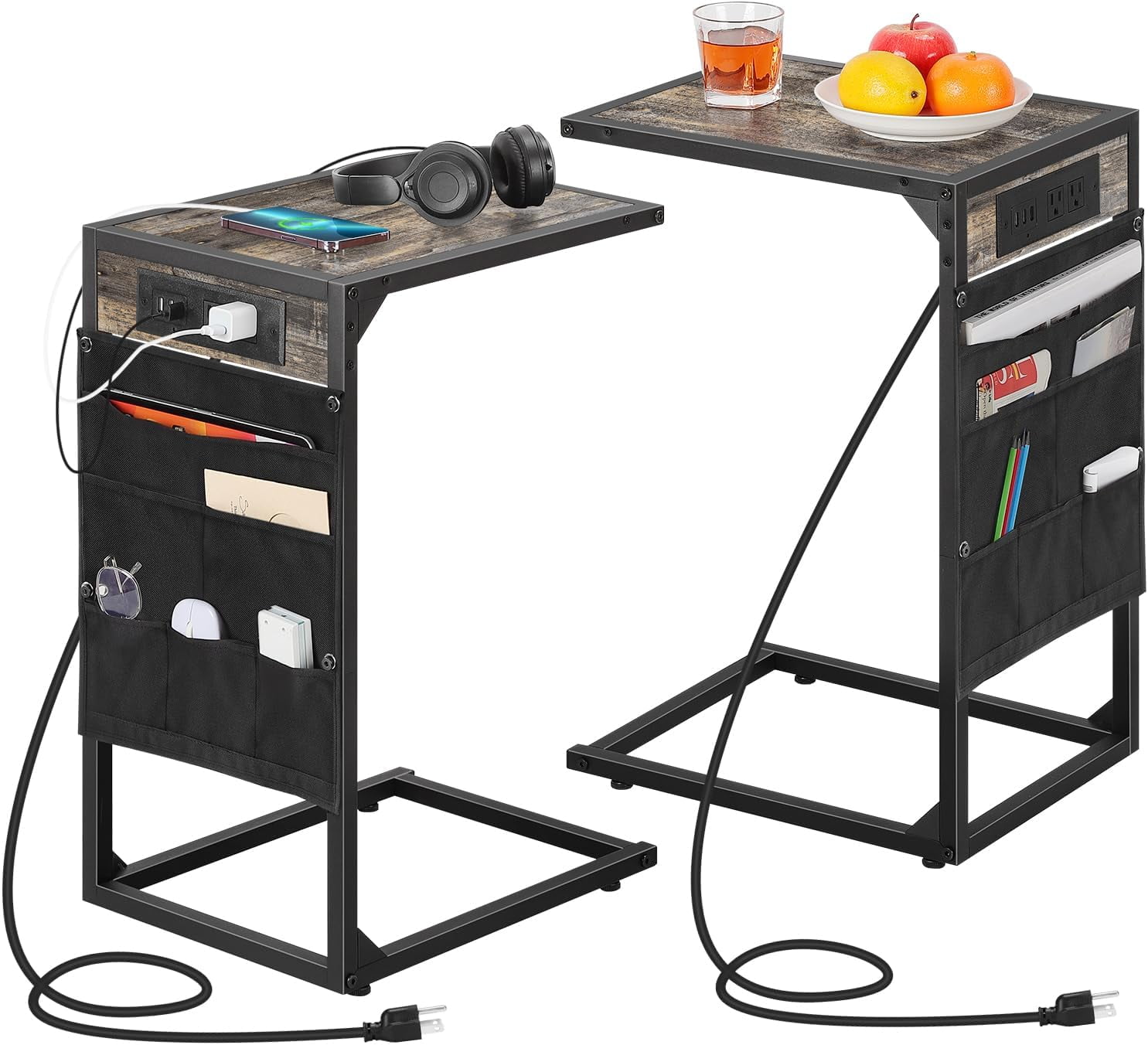 C Shaped End Table Set of 2 with Charging Station and Storage Bag Side ...