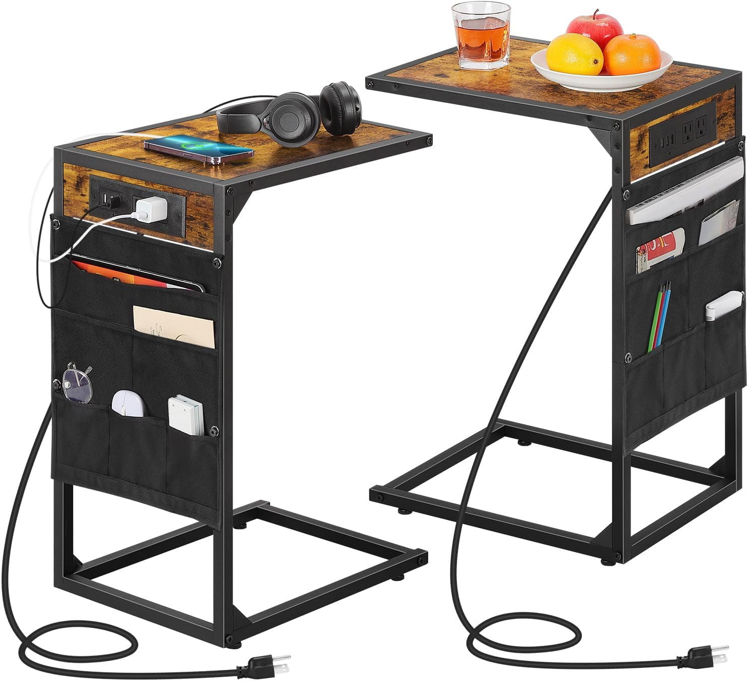 C Shaped End Table Set of 2 with Charging Station and Storage Bag Side ...
