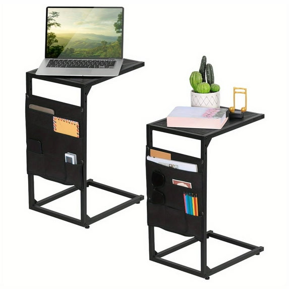 C Shaped End Table, Set of 2 Slide Under Sofa Side Table with Storage ...