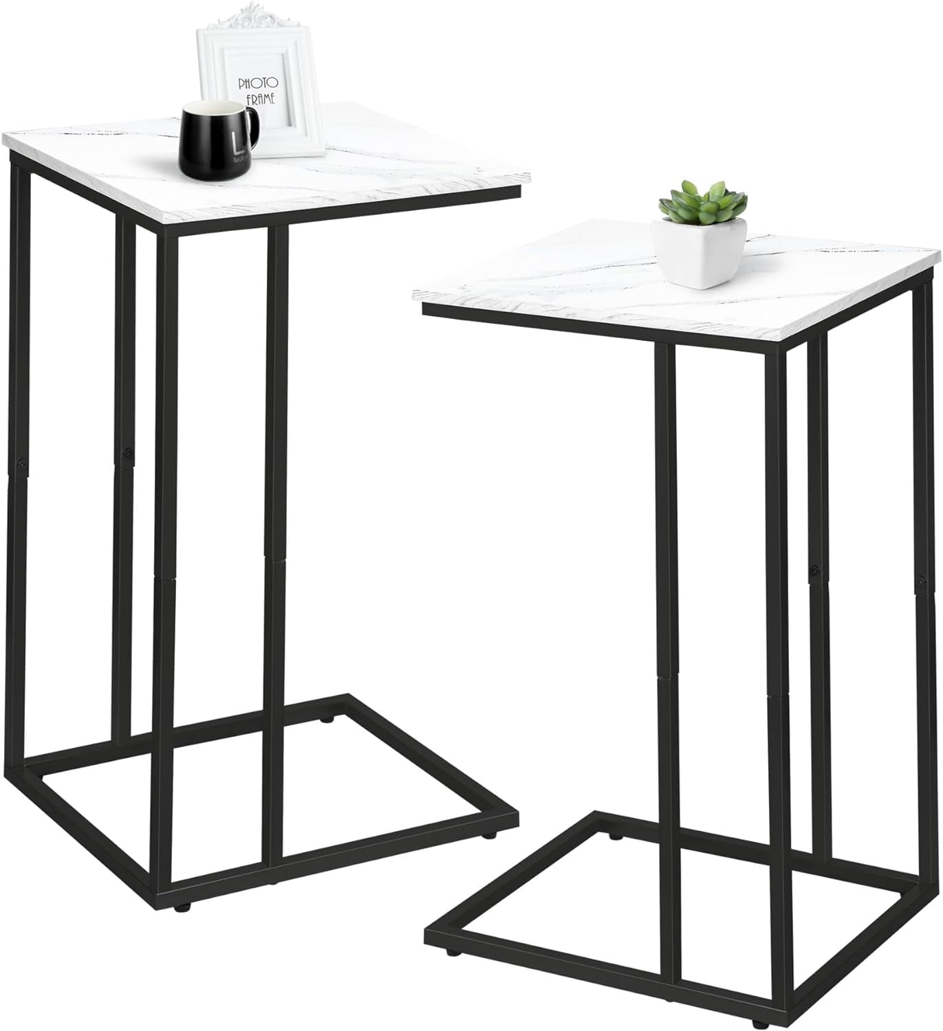 C Shaped Side Table Set of 2, Marble End Table for Sofa and Bed, Couch ...
