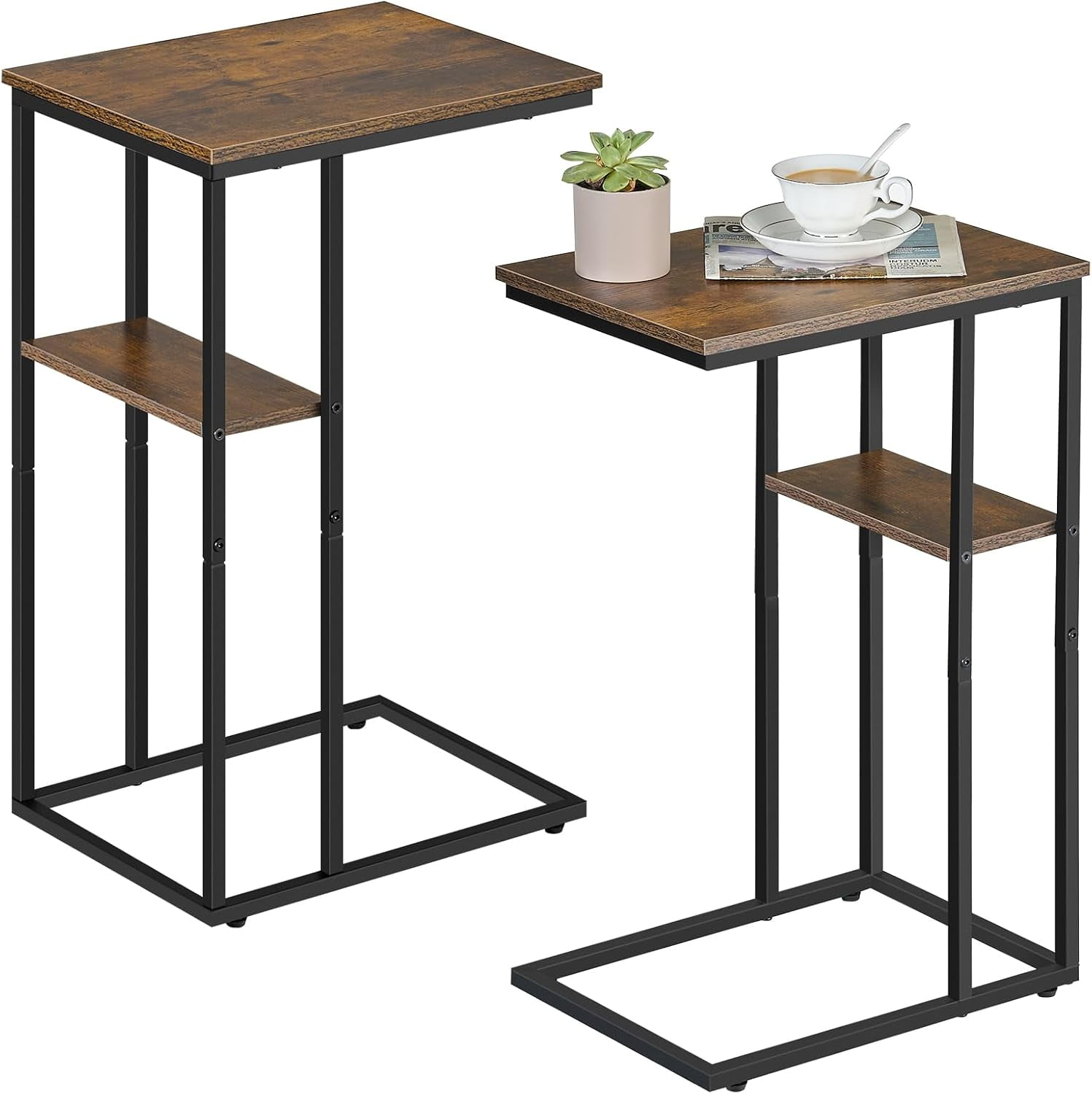 C Shaped End Table Set of 2, Rustic Wood and Metal Frame C Table ...