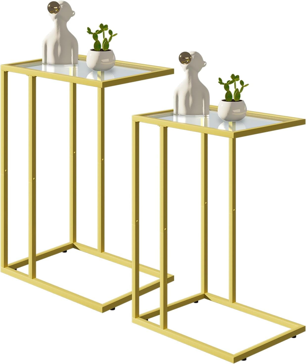 C Shaped End Table Set of 2,Tempered Glass Snack Side Table with Metal ...