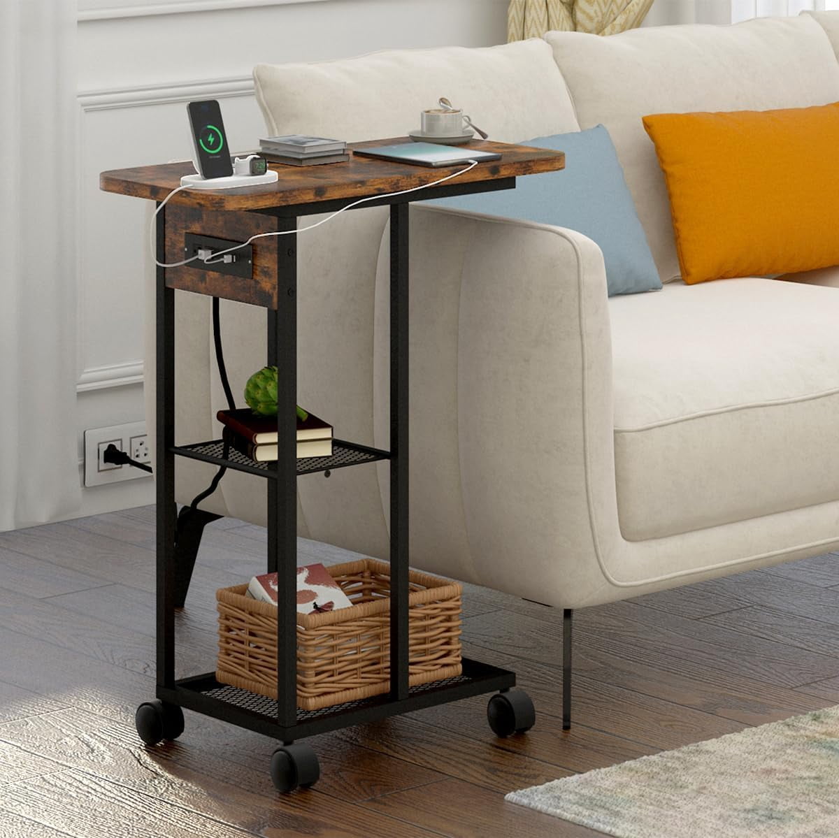 C Shaped End Table, Small Side Table with Charging Station, Industrial ...
