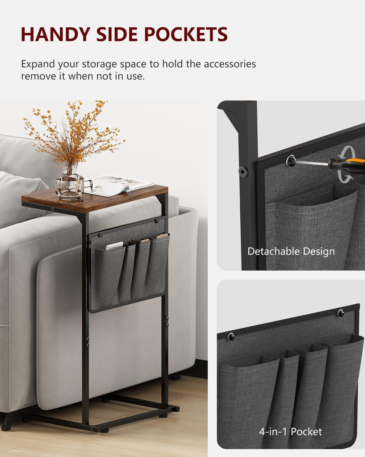 C Shaped End Table, Small Side Table for Couch and Recliner, Slide ...