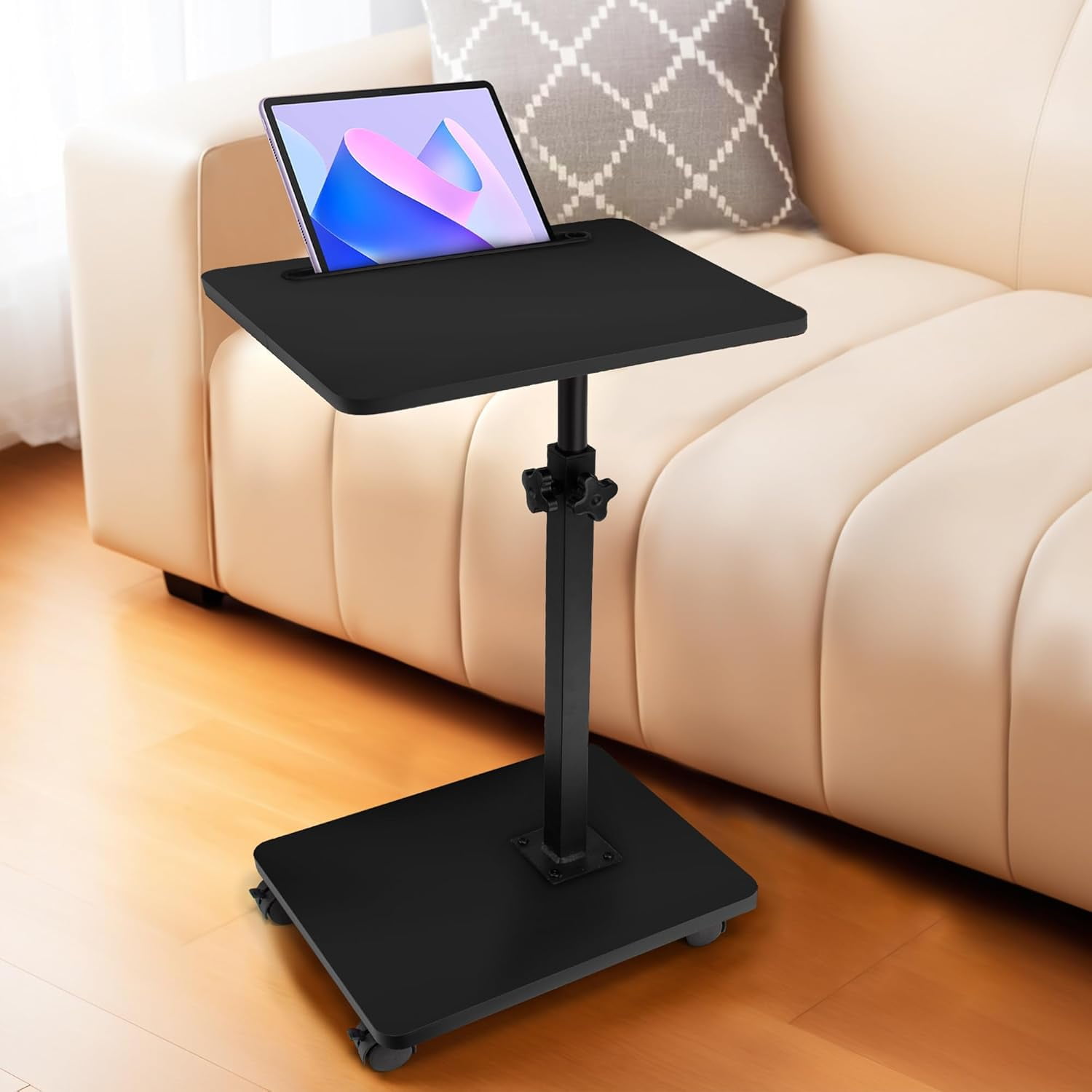 C Shaped End Table with Wheels, 360°Swivel Height Adjustable Couch Side Table, TV Tray Table ...