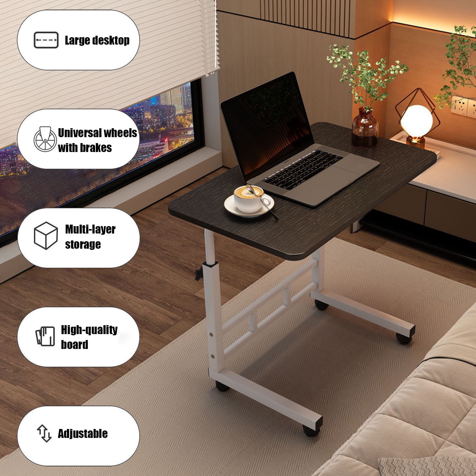 C-Shaped End Table with Wheels,Adjustable Height,Compact Rolling Side Table for Small Spaces ...