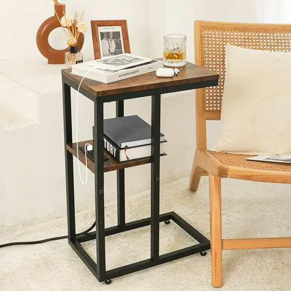 Barara King 19" Round 2-Tier C-Shaped End Table with Storage, Couch ...