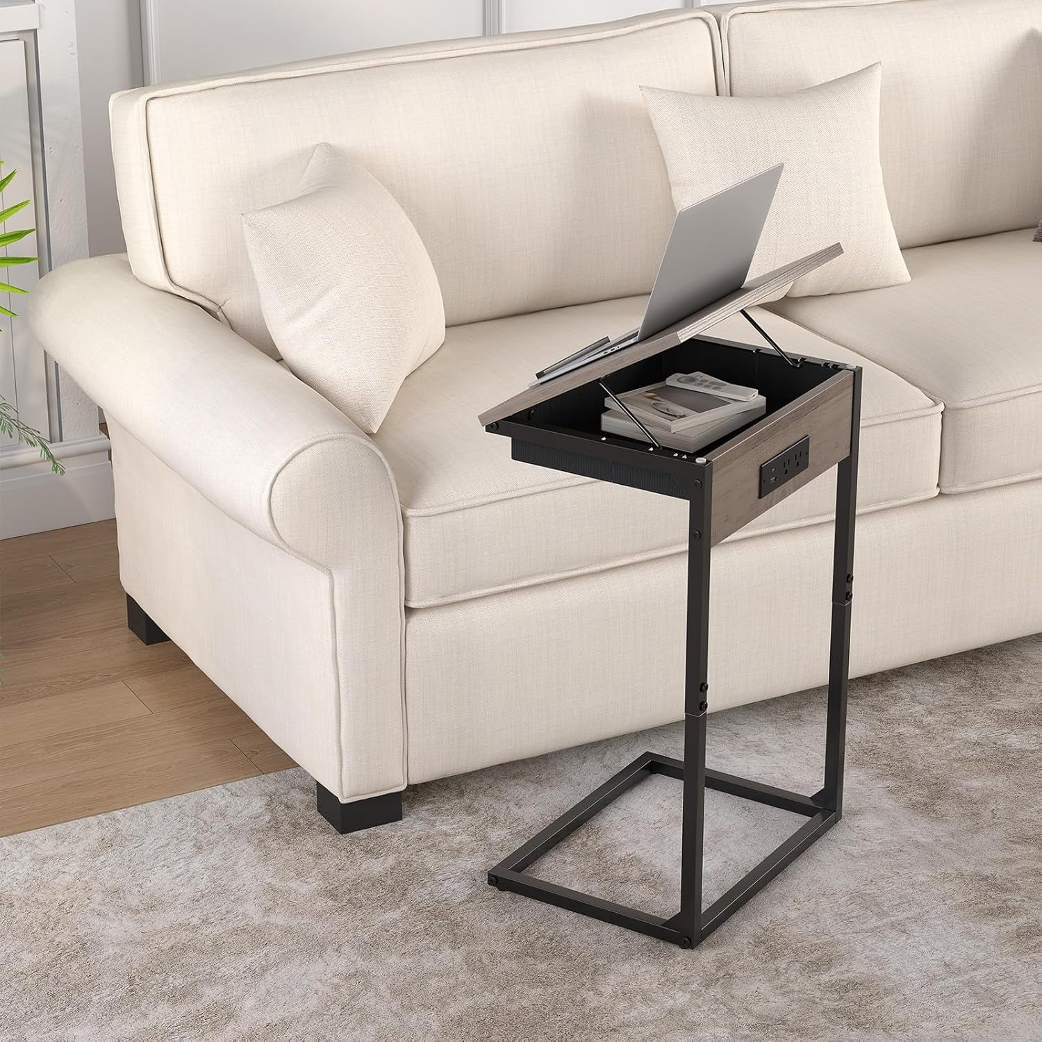 C Shaped End Tables with Charging Station, 45° Tiltable Adjustable Flip ...