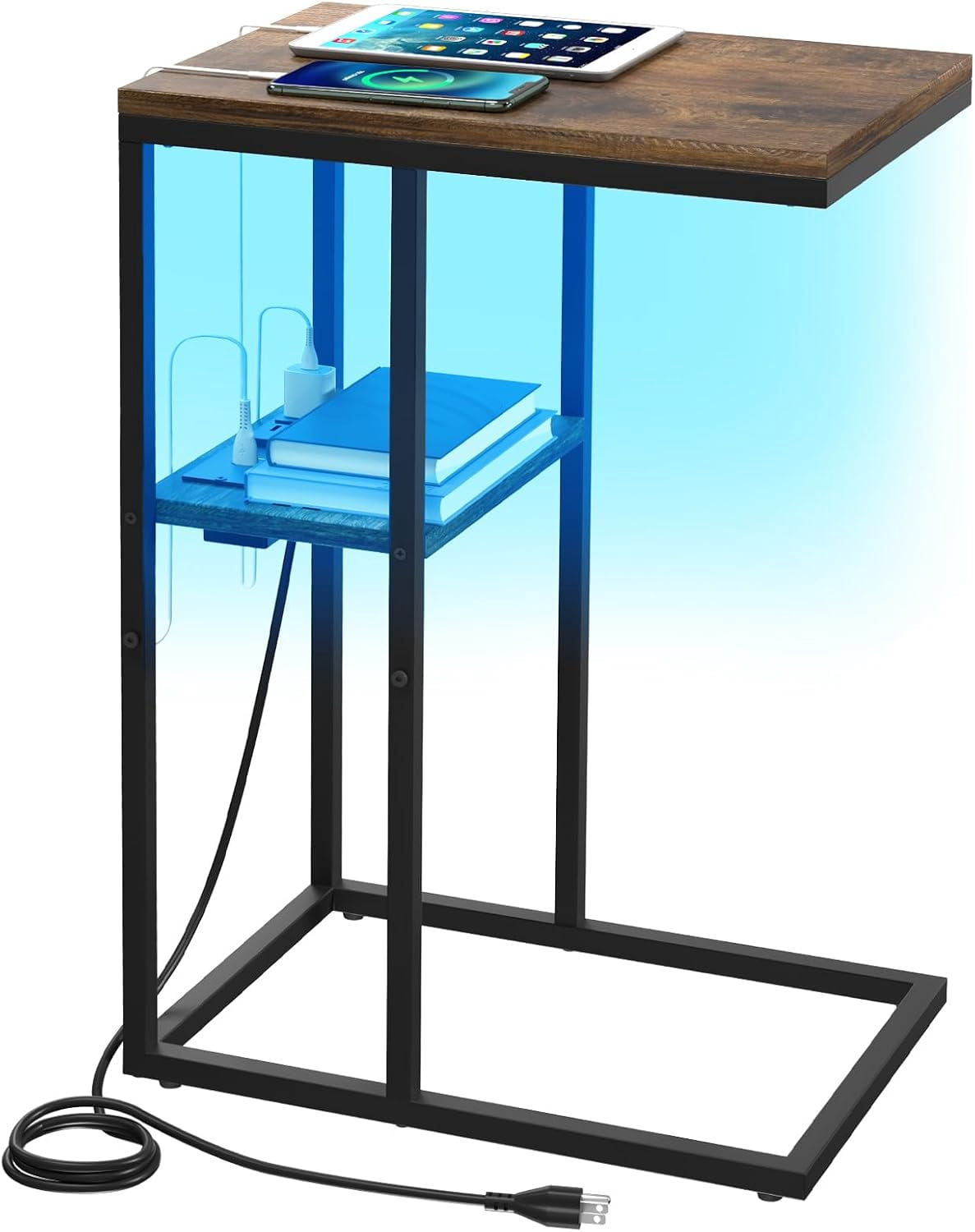 C-Shaped LED End Table with Charging Station, Small Side Tables for ...