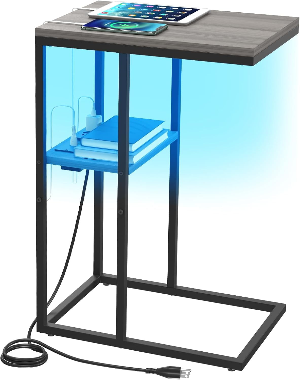 C-Shaped LED End Table with Charging Station, Small Side Tables for ...