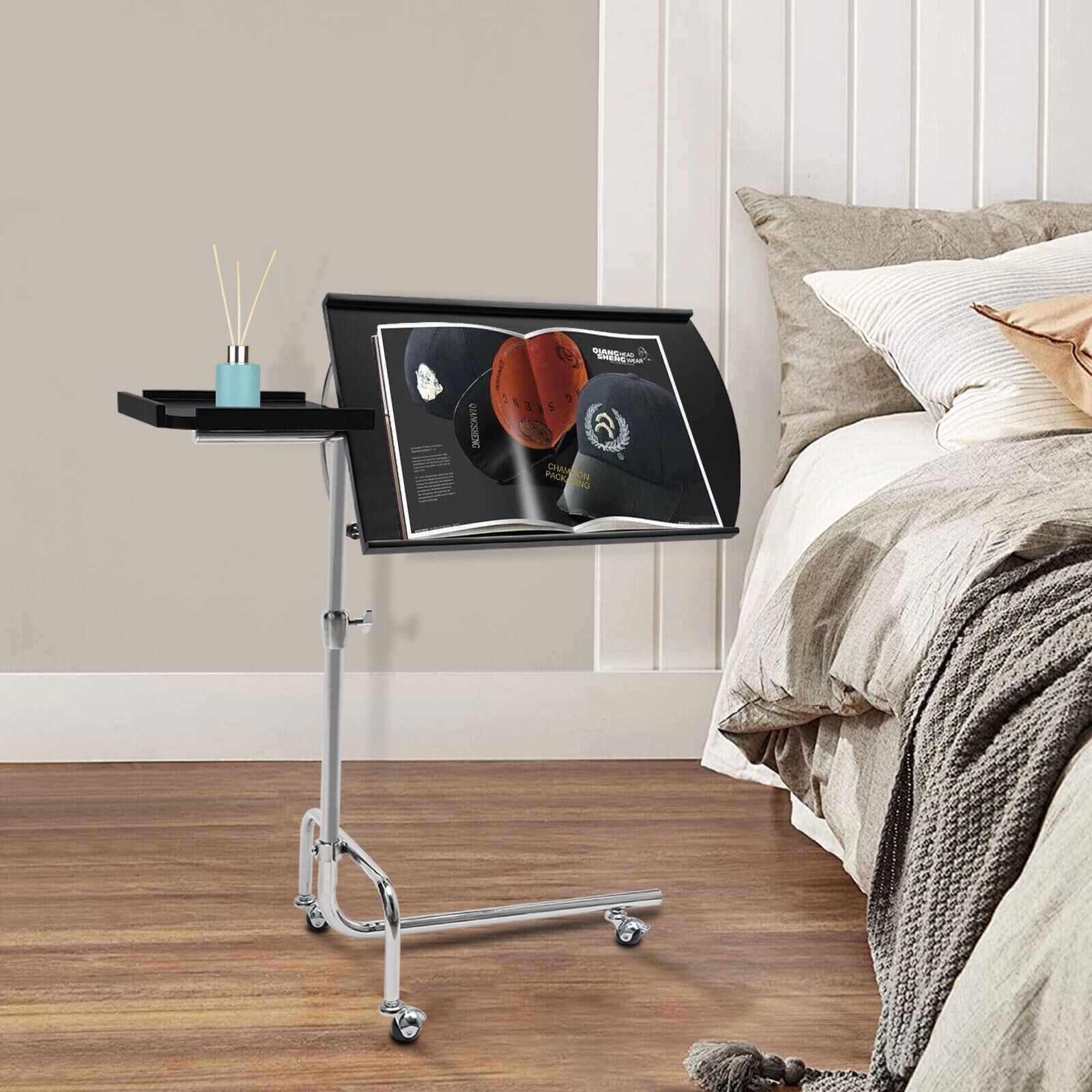 C-Shaped Loop Laptop Mobile Table Free-Standing Adjustable Wood Swivel ...