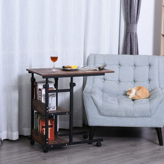 C-Shaped Mobile Sofa Bed Side Table Adjust Height 3-Tier Cart w ...