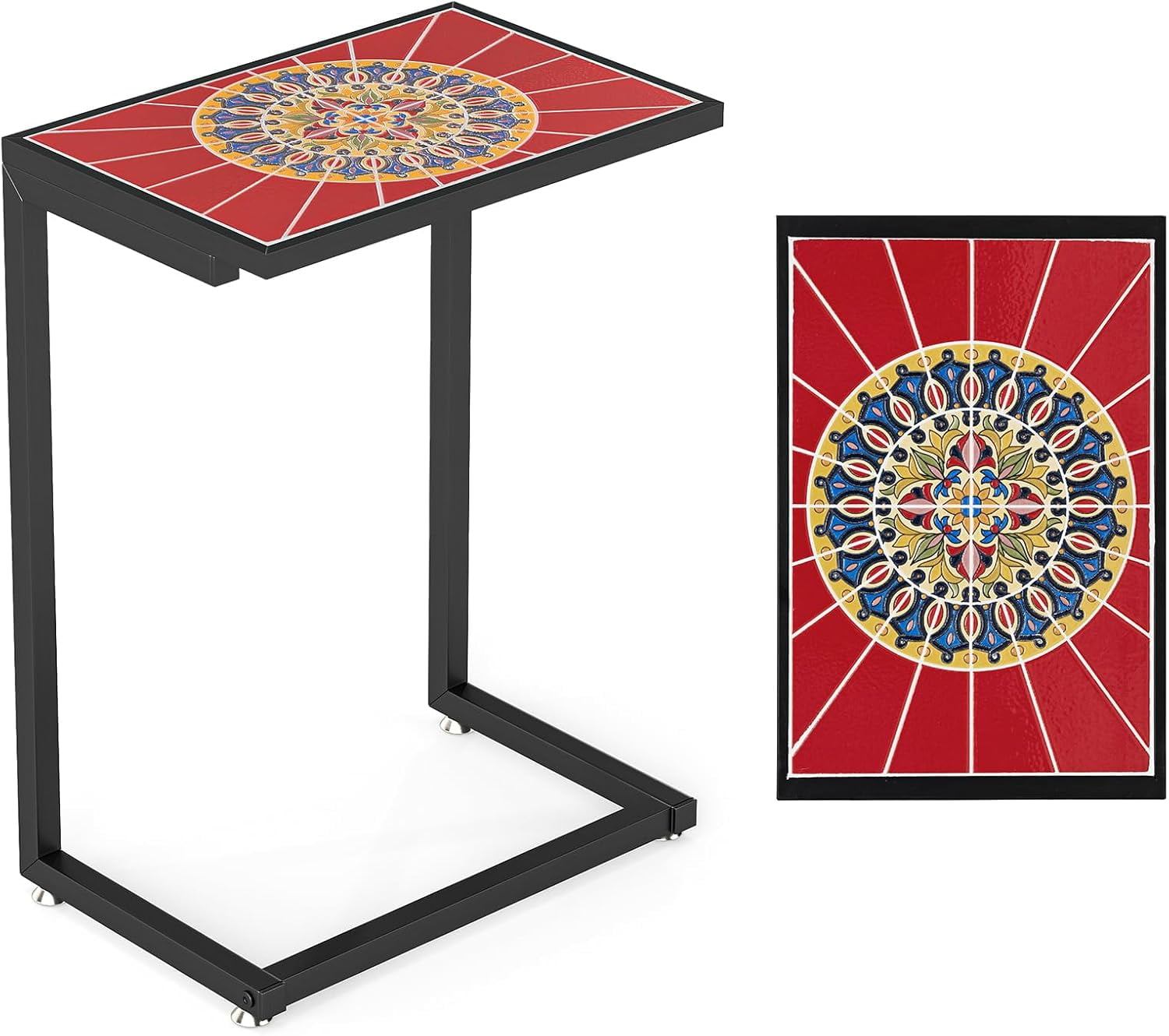 C-Shaped Outdoor Side Table, w/Ceramic Top & Anti-Rust Metal Frame ...