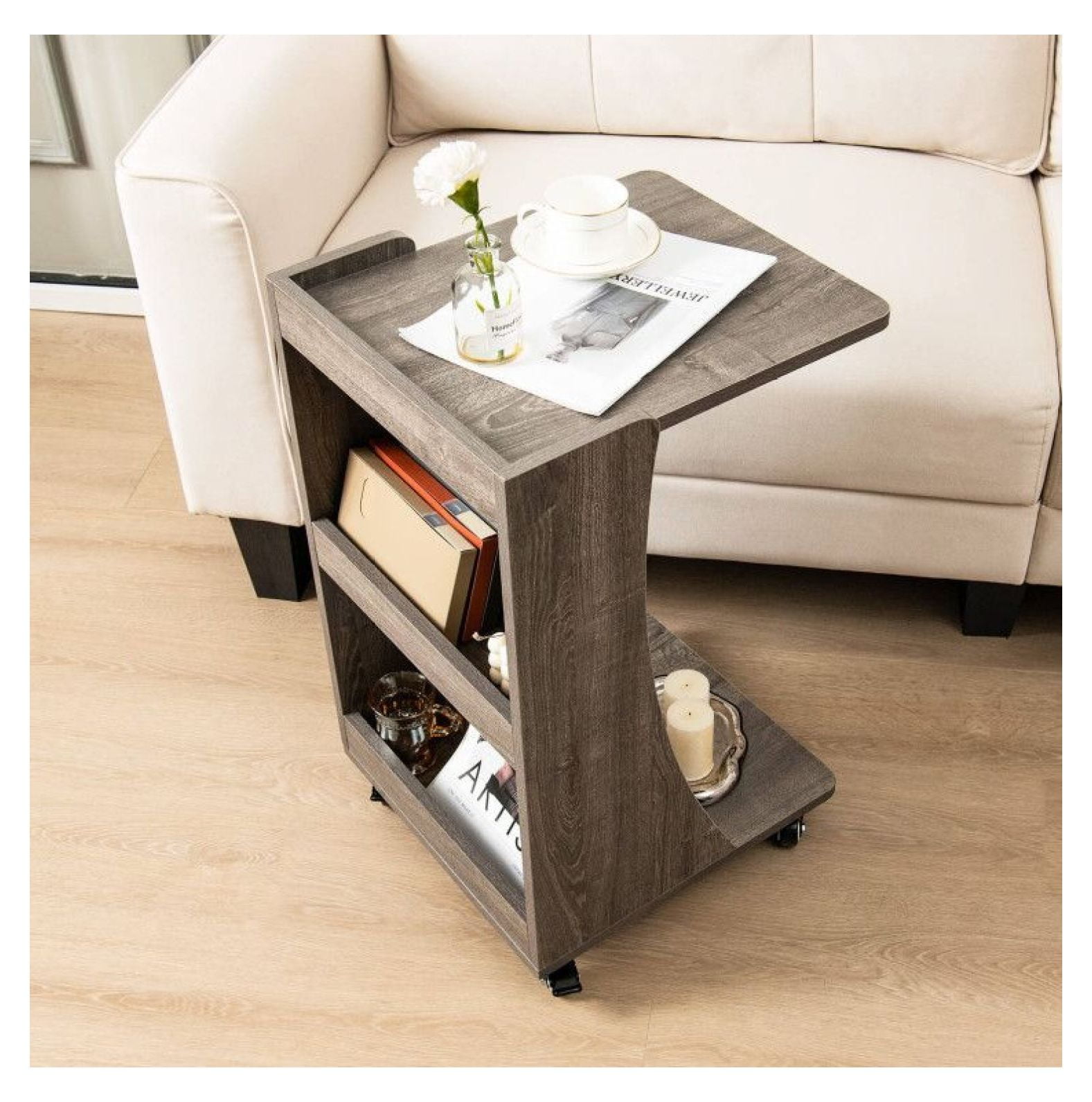 C-Shaped Rolling End Table with Storage Shelves - Sofa Side Table with ...