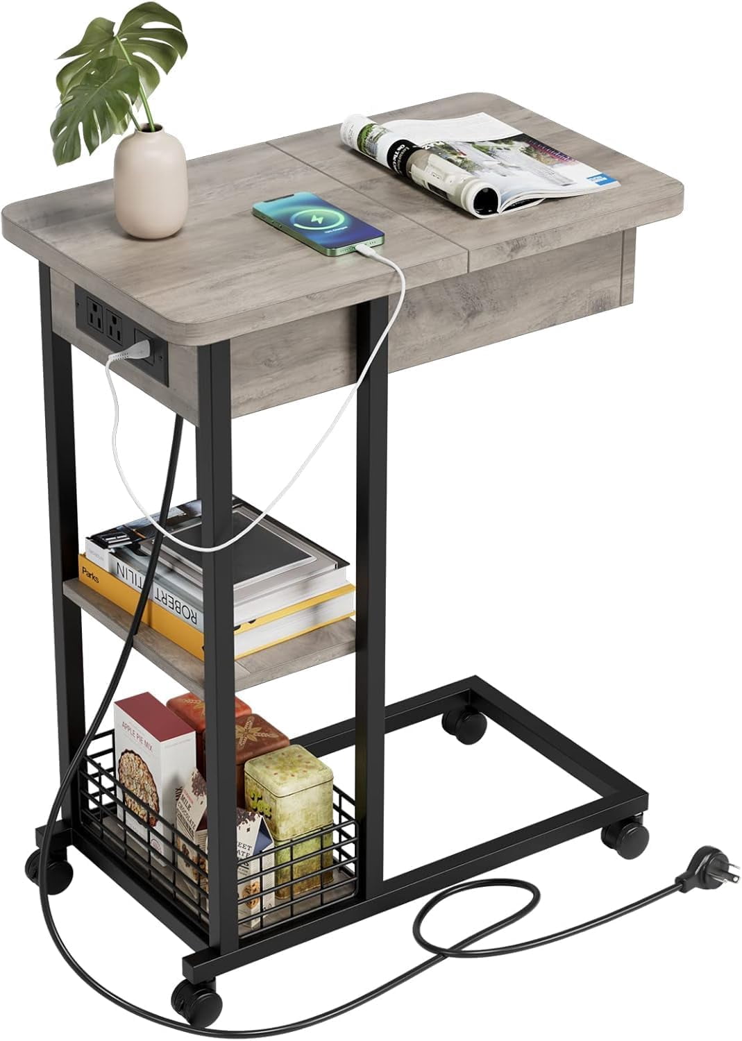 C Shaped Side Table with Charging Station, Flip Top End Table with USB ...