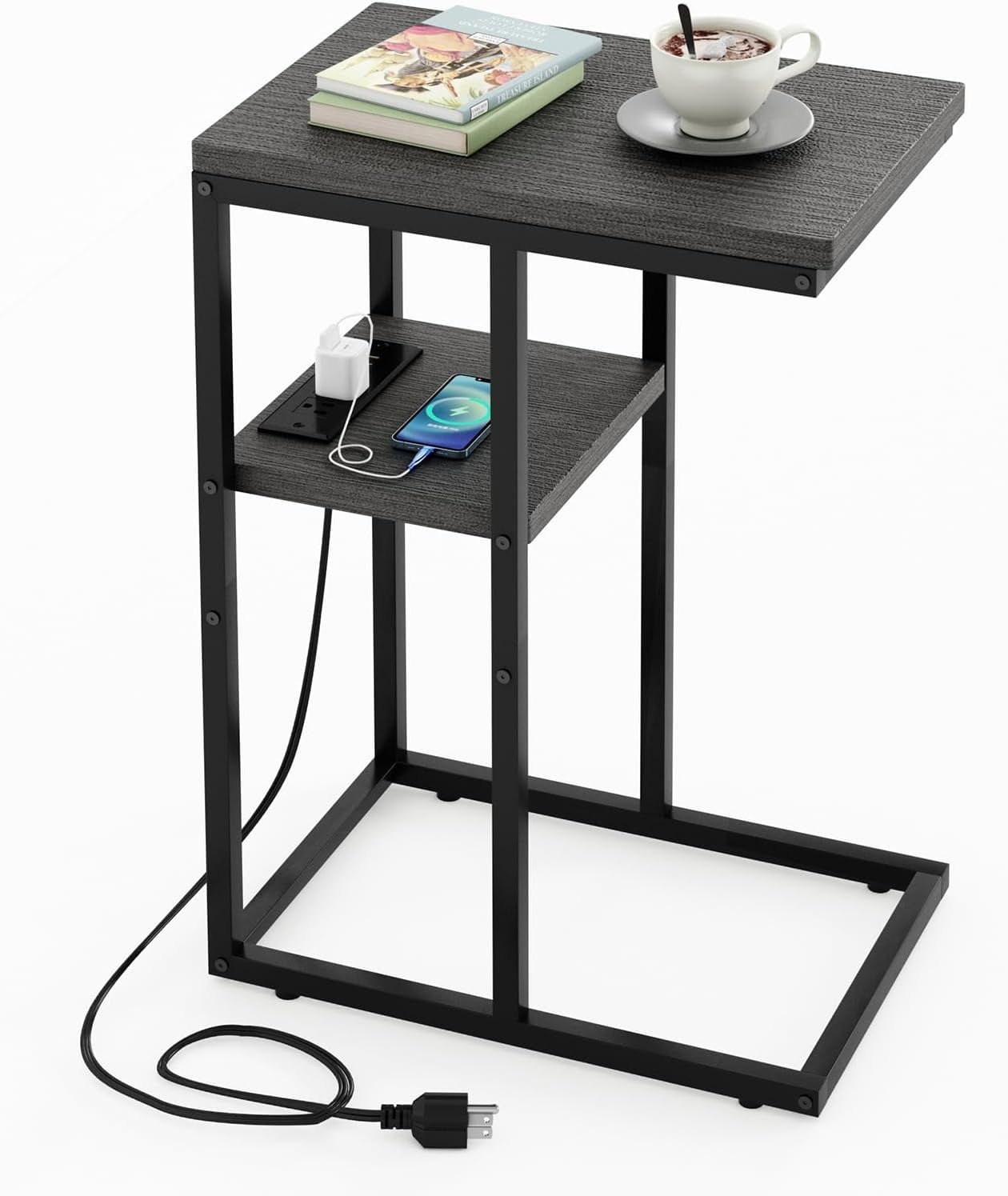 C Shaped Side Table with Charging Station, Small End Table with USB ...