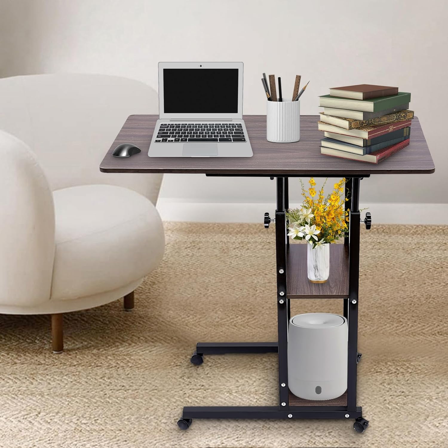 C-Shaped Side Table, Height Adjustable C Table with Wheels and 3-Tier ...