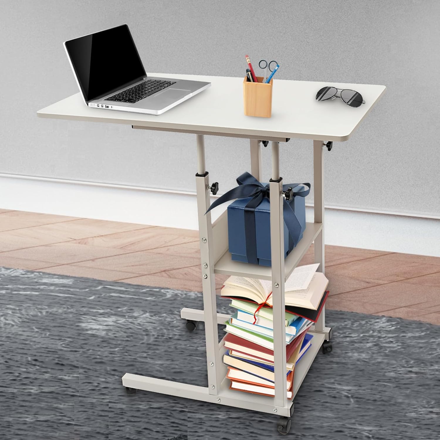 C-Shaped Side Table, Height Adjustable C Table with Wheels and 3-Tier ...