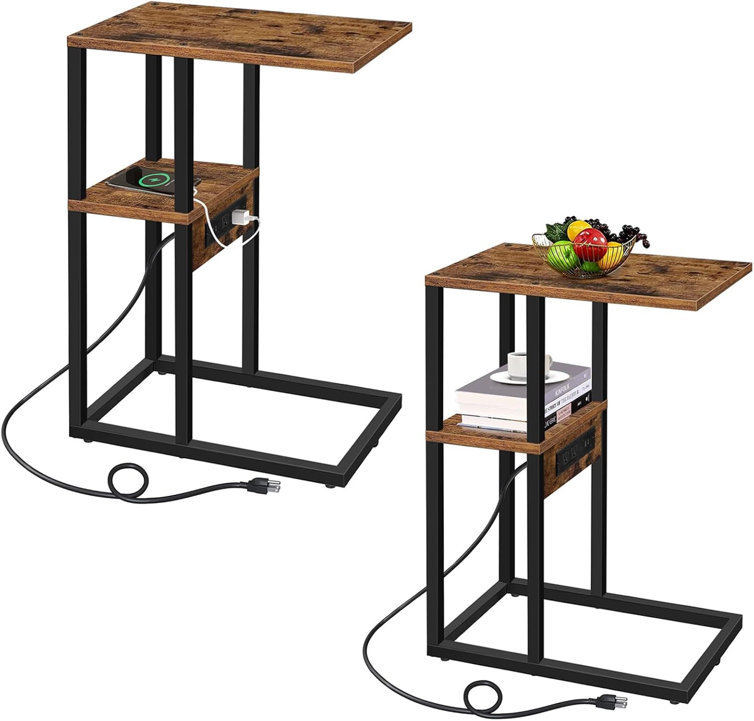 C-Shaped Side Table, Set of 2, C Table End Table with Charging Station ...