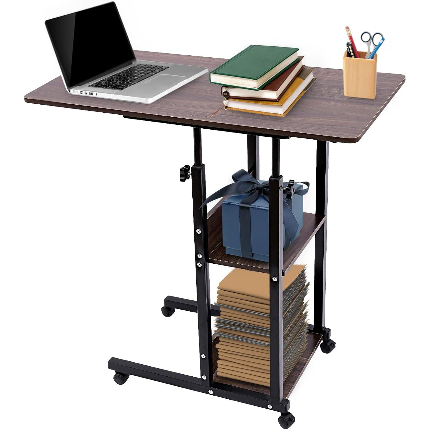 C-Shaped Side Table with Storage Shelves, Height Adjustable Sofa Couch ...