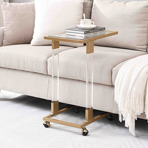 C Shaped Side Table with Wheels, Modern Glass End Table for Small ...