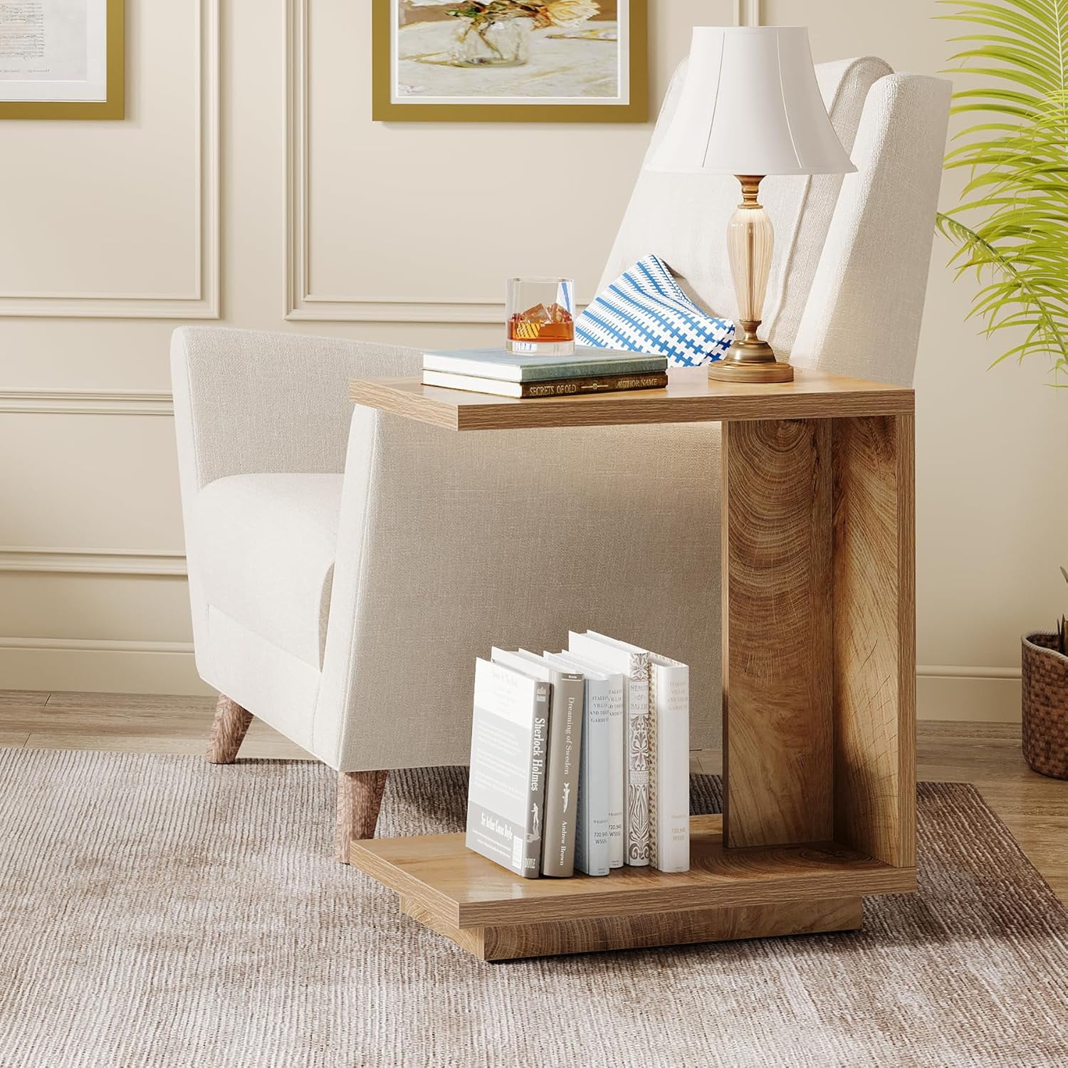 C-Shaped Side Table for Couch 2-Tier Narrow End Table with Sturdy ...