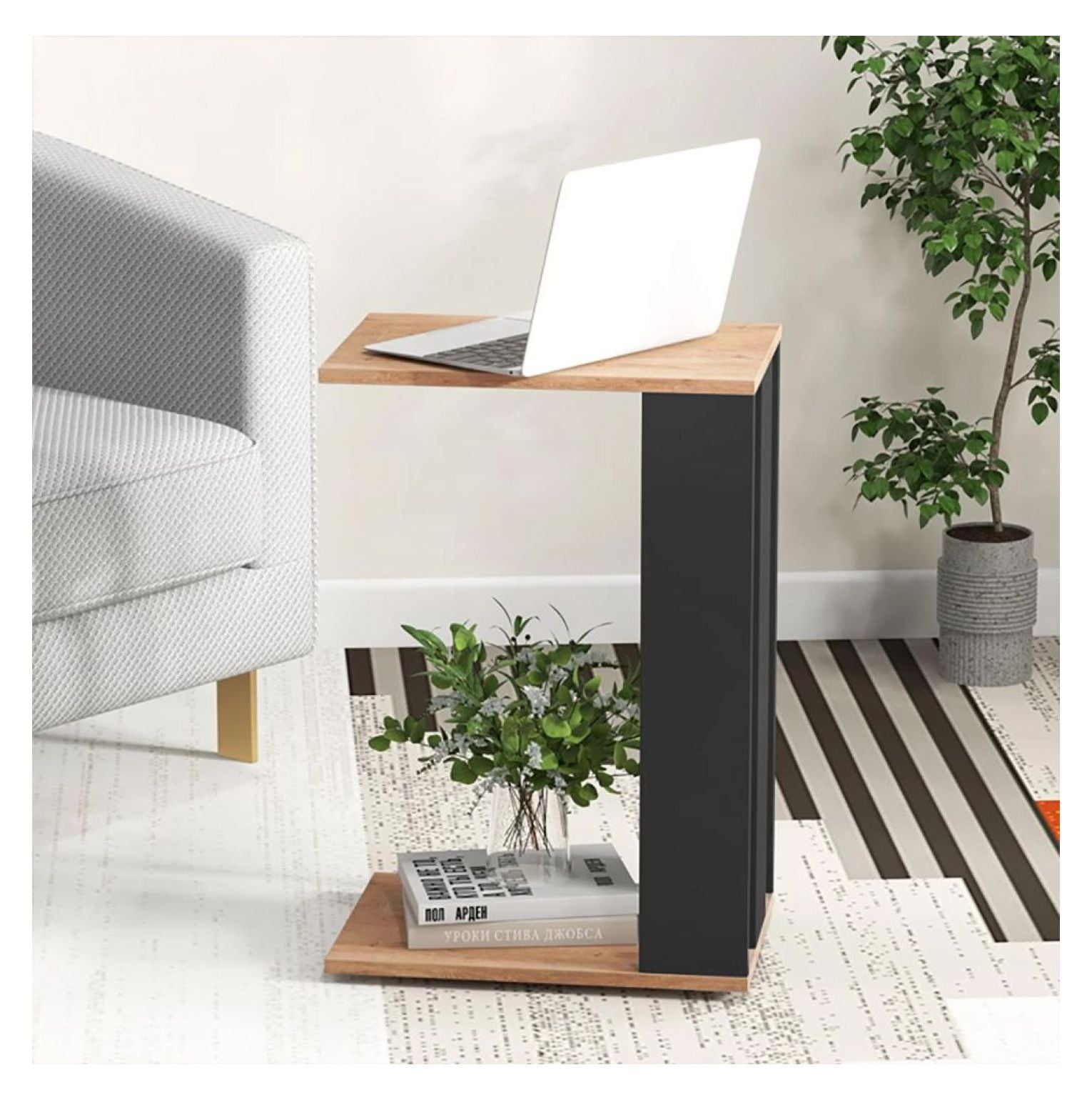 C-Shaped Side Table with Wheels, 2-Tier Rolling End Table - Rustic ...