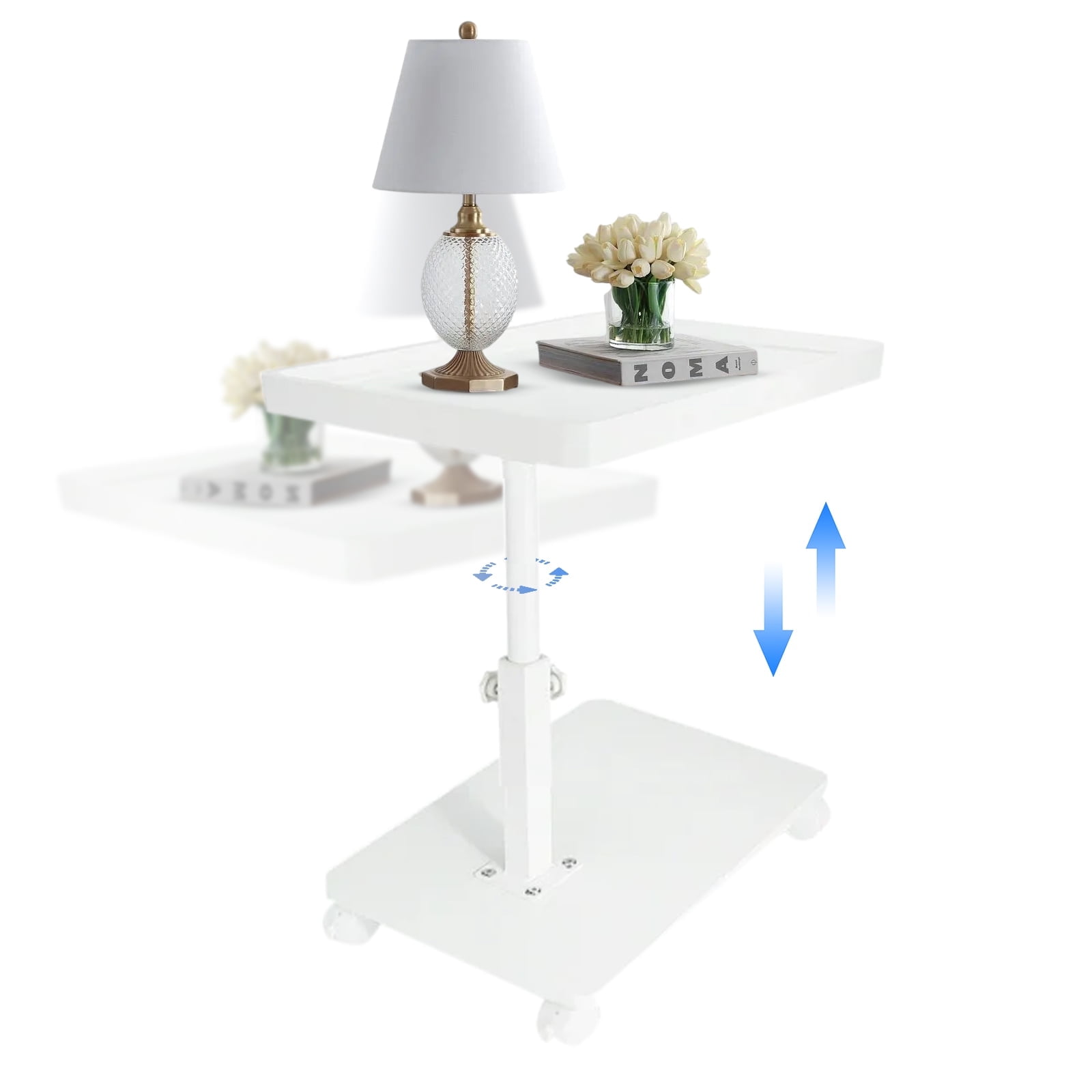 C-Shaped Swivel Side Table - 16" Adjustable Height w/Wheels (White ...