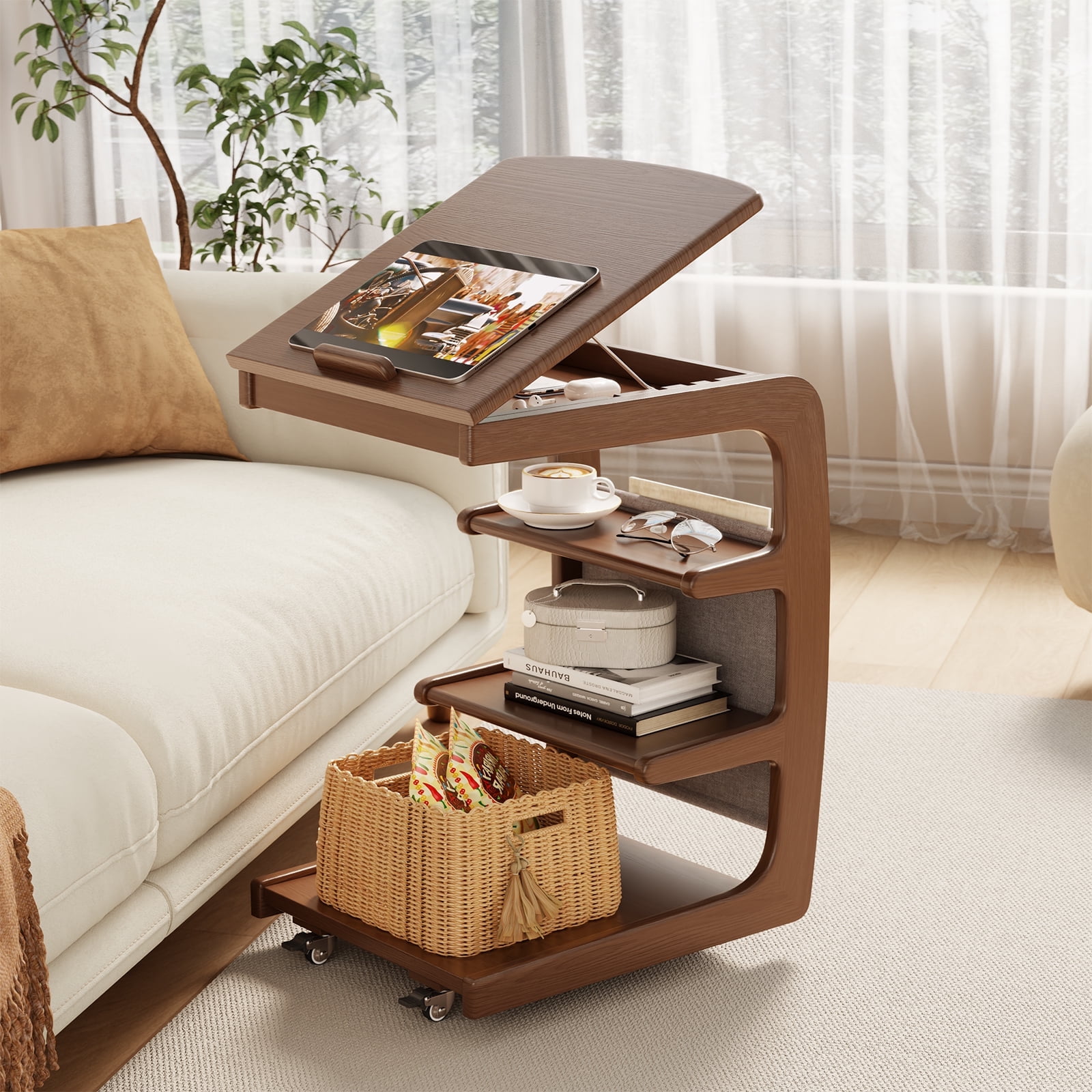 KASLANDI C Shaped Table for Couch, Small 4-Tier End Tables with Wheels ...