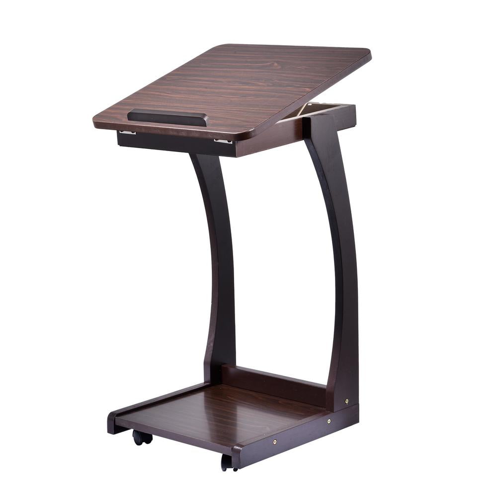 C Shaped Table Solid Wood End Table with Wheels Couch Table with Adjustable Desktop Bedside ...