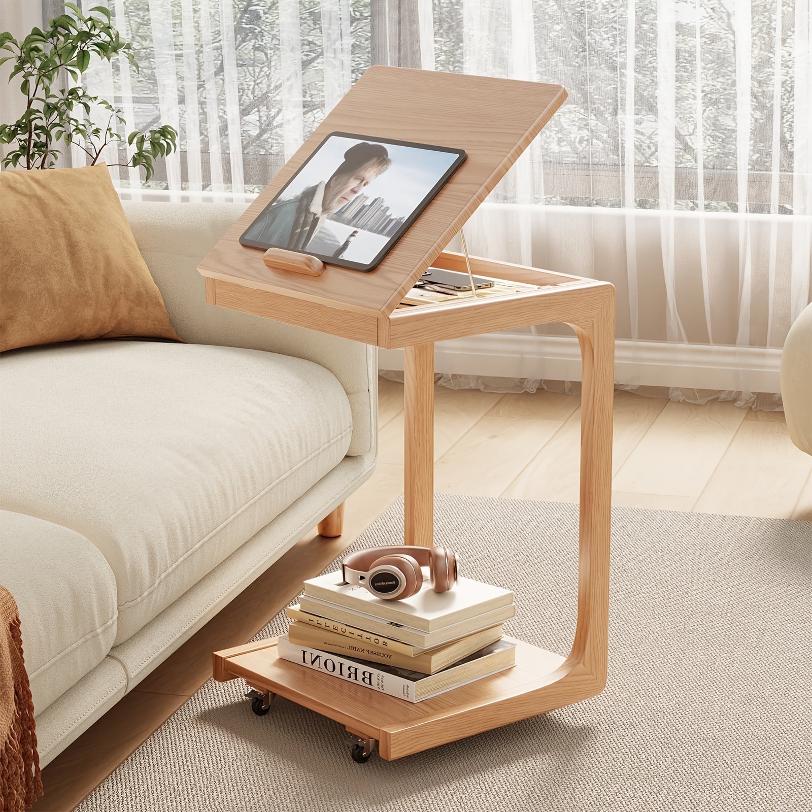 KASLANDI C Shaped End Table with Adjustable Desktop, Rolling Bedside ...