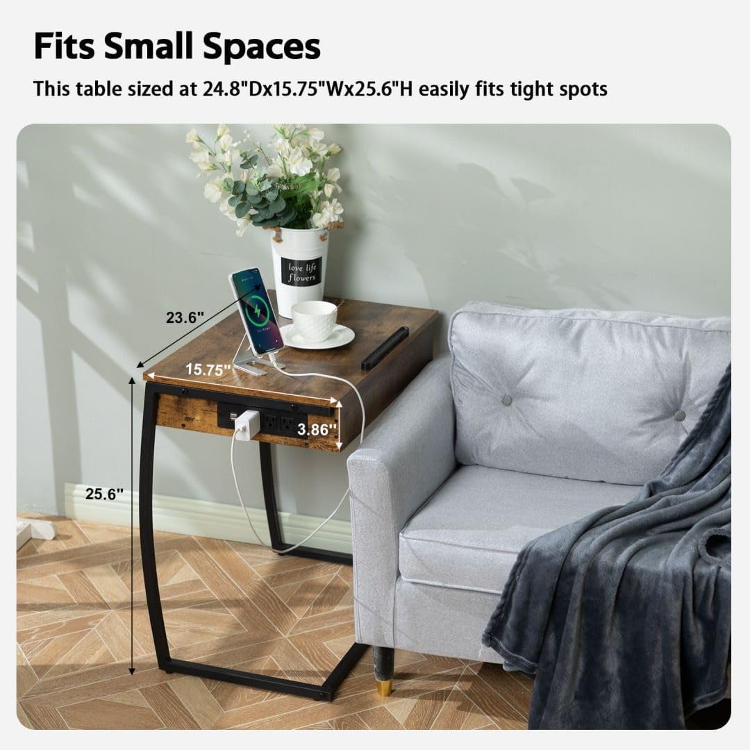 C Table End Table with Charging Station, TV Trays, Couch Tables That Slide Under, C Shaped Side ...