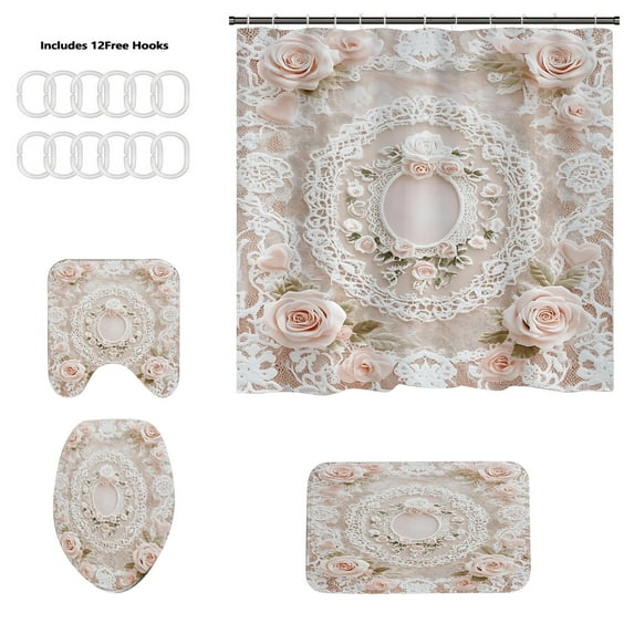 C Valentines Day Bathroom Set 4 Pieces Shower Curtain Bath Mat Toilet ...