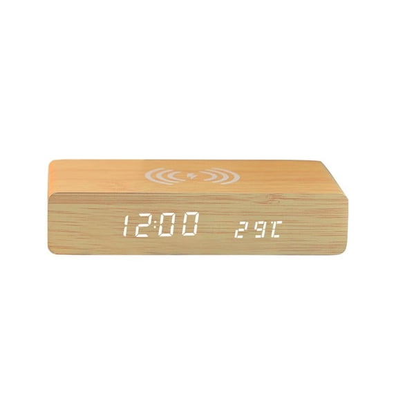C Wireless Charging Clock Bamboo Wood White Led 10W Qi Charger Digital ...