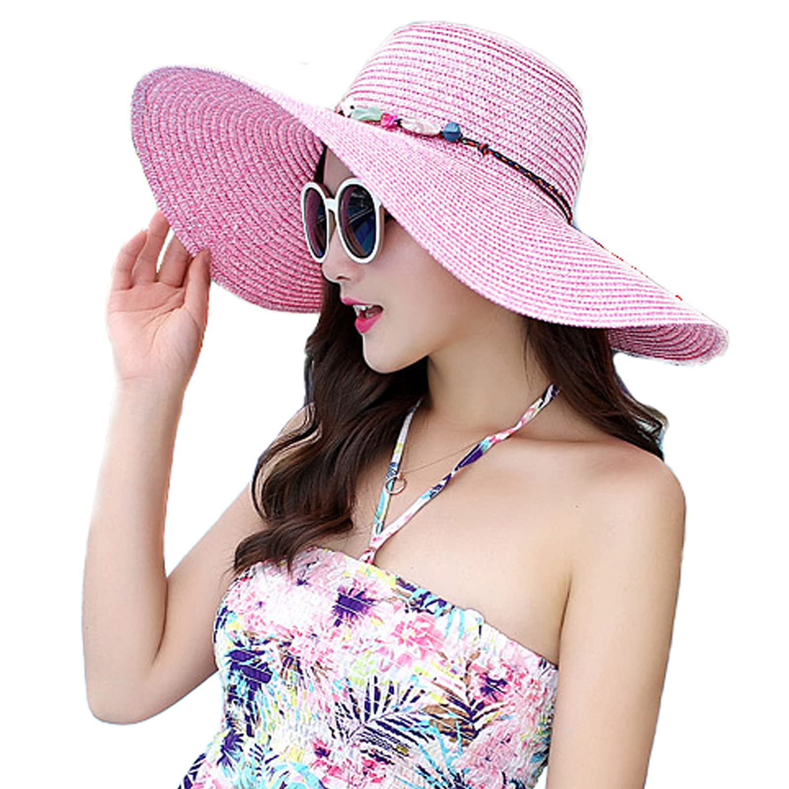 C Women's Wide Brim Sun Protection Straw Hat,Folable Floppy Hat,Summer UV Protection Beach Cap ...