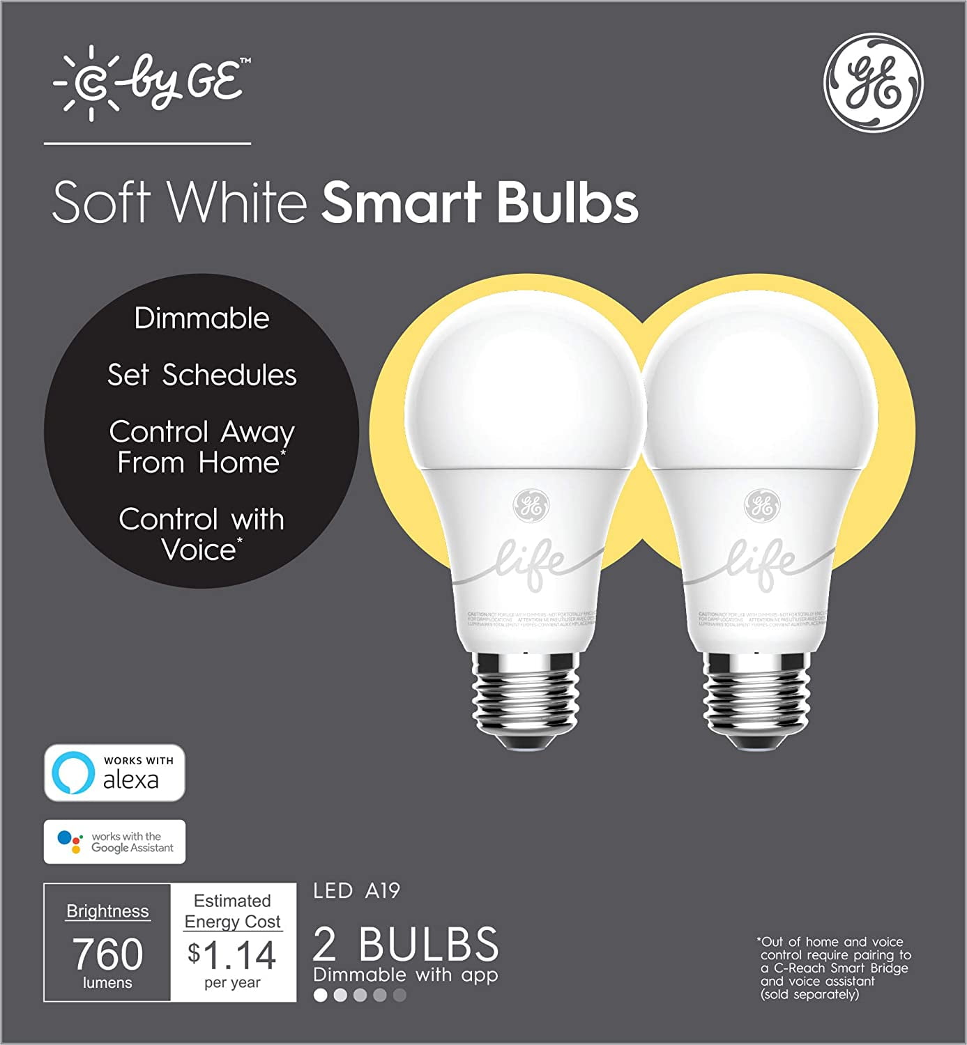 C by GE Soft White A19 Dimmable Smart LED Bulbs, 60 Watt, Alexa App ...