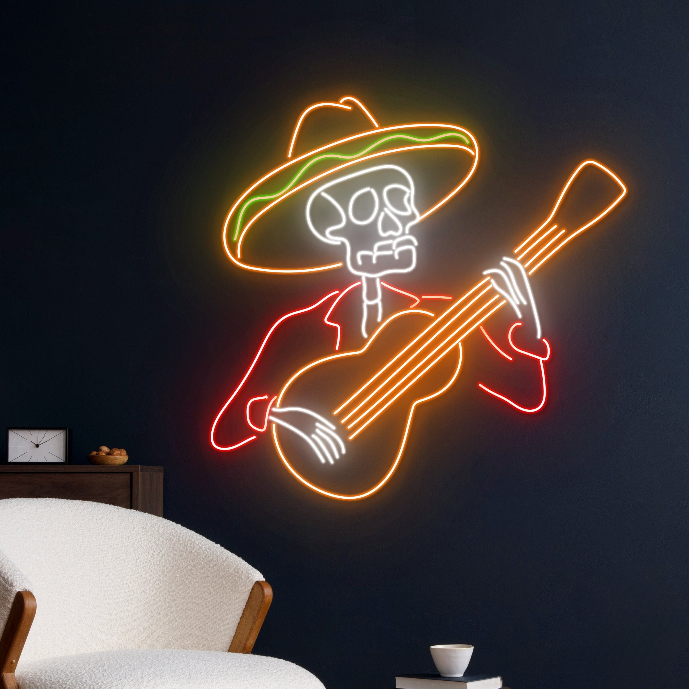 C-craft Mexican Skeleton Playing Guitar Neon Sign, Skeleton in Sombrero ...