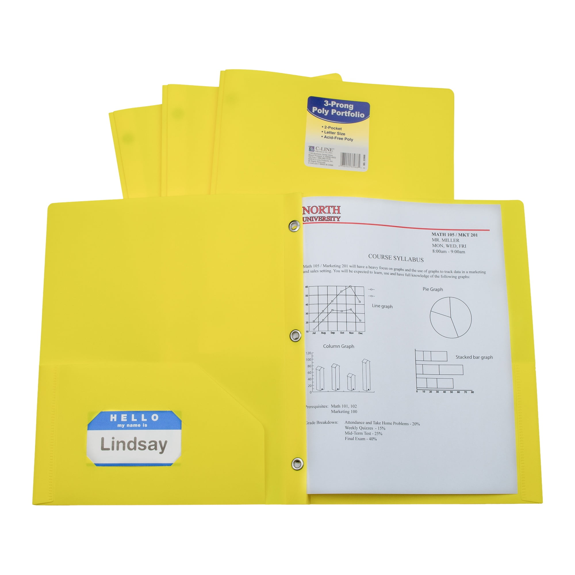 C-line Two-Pocket Heavyweight Poly Portfolio Folder with Prongs, Yellow ...