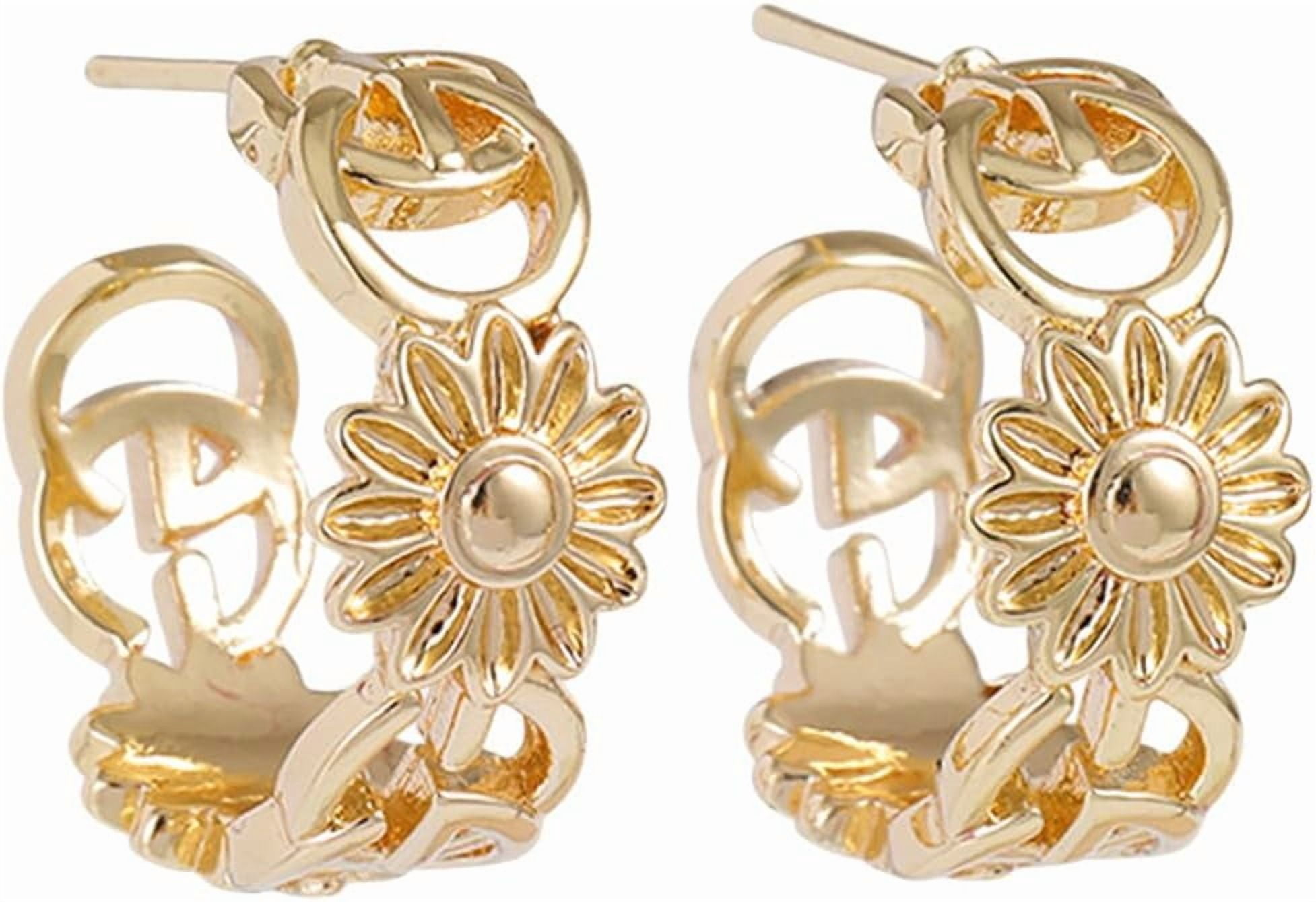 C-shaped Hollow Sunflower Brass Stud Earrings Golden Elegant Design ...