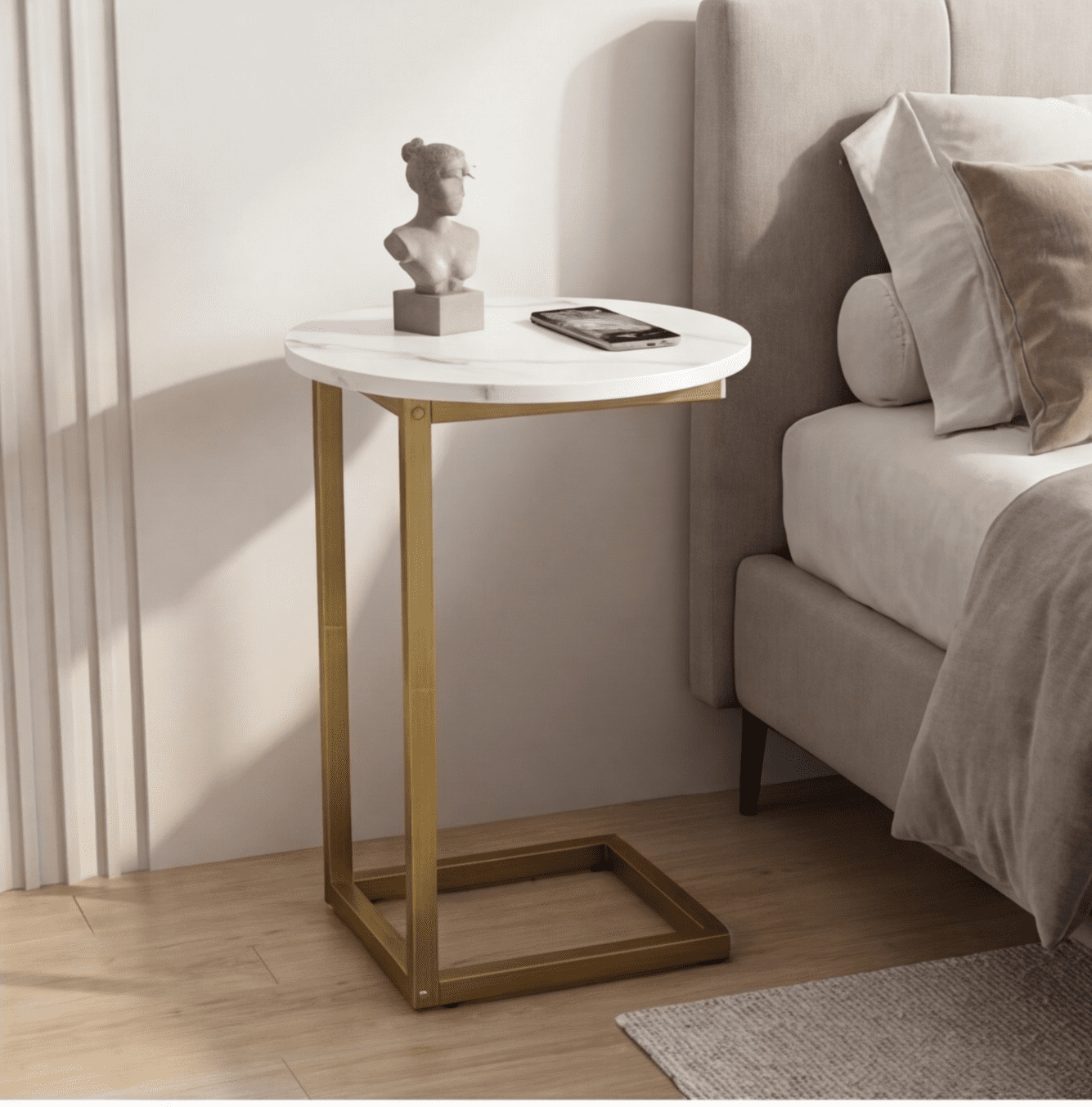 C-Shaped Side Table, Oval Wooden End Table with Metal Frame, Small Sofa ...