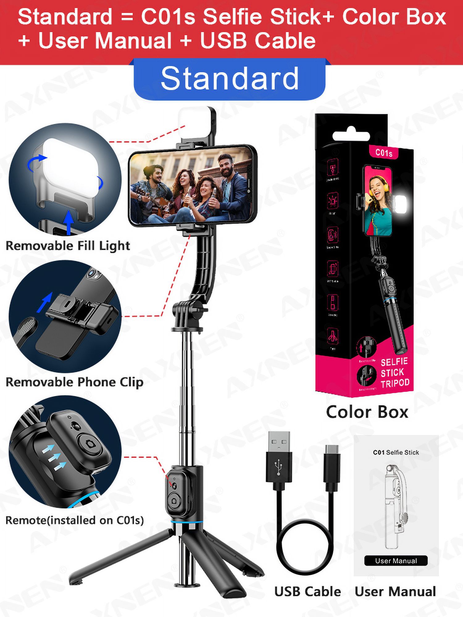 C01s Selfie Stick Tripod with Fill Light, Detachable Phone Bracket Monopod, Wireless Bluetooth ...