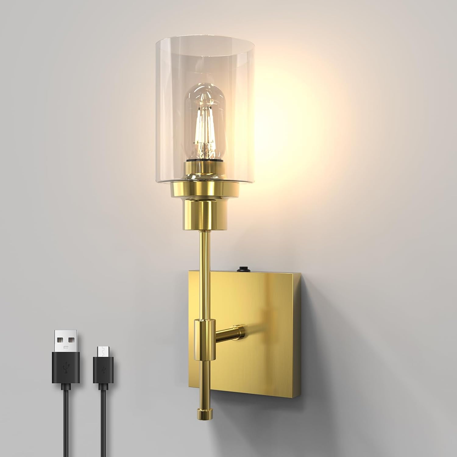 C02 Battery Operated Wall Sconce 1pc, No Wired Rechargeable Wall Lamp with Clear Glass Shade ...