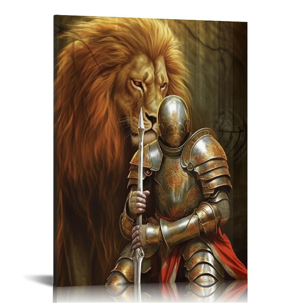 C04-GENYS Armor of God Canvas Wall Art, Kneeling Knight & Lion Picture ...