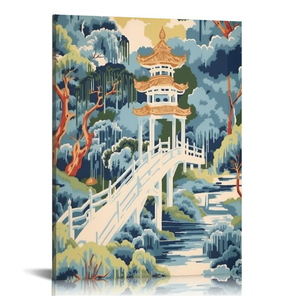 C04-GENYS Blue Yellow And White Chinoiserie Pagoda Canvas Print ...